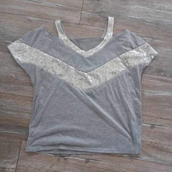 Amazon | Tops | Plus Size Bling Silver Grey Cold Shoulder Short Sleeve ...